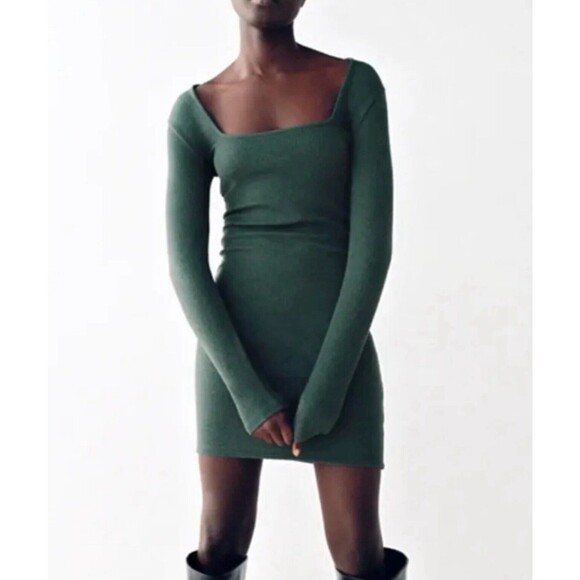 Zara | Dresses | Zara Green Long Sleeve Bodycon Mini Dress Square ...